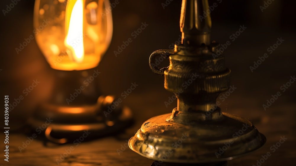 Detailed image of a vintage oil lamp with a lit flame, representing one ...