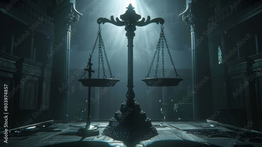 In a dimly lit court hall, the scales of justice stand as a symbol of ...