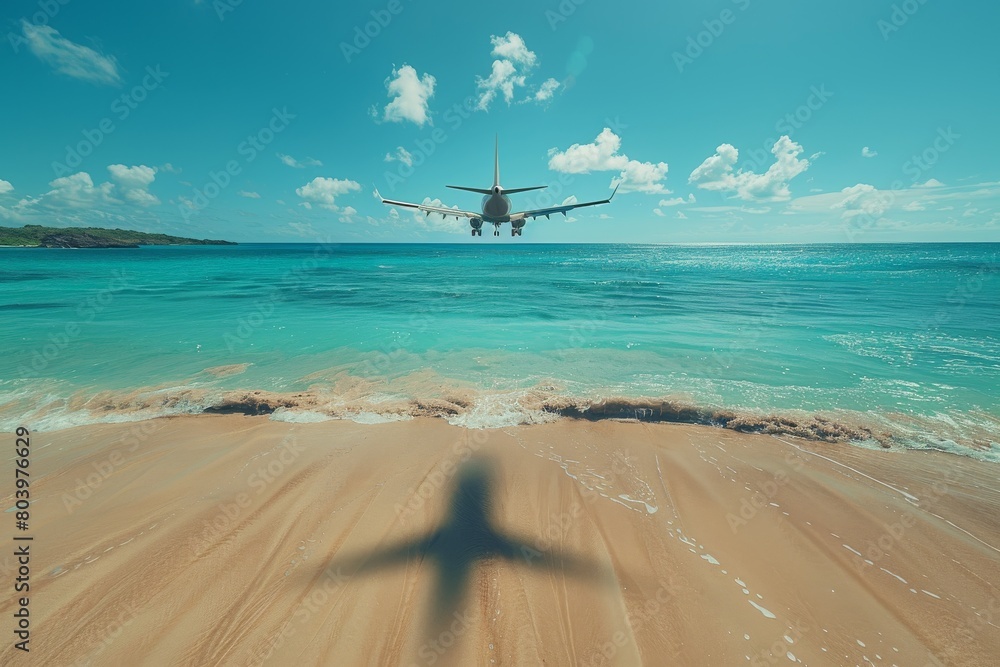 Clear blue skies with a low-flying airplane above a tropical beach ...