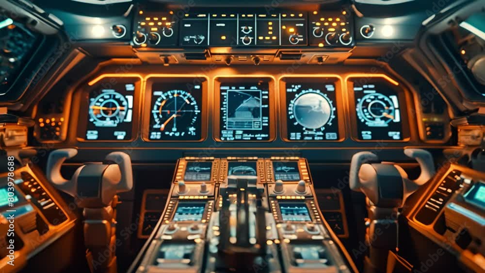 Space ship cockpit with lots of displays an buttons with orange light ...