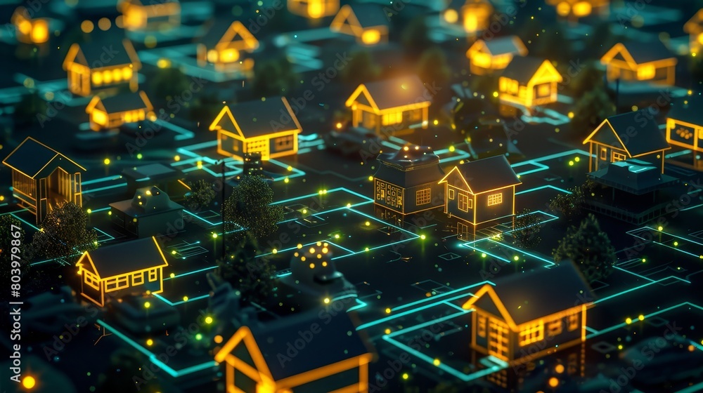 Nighttime in a digital suburb, houses connected by glowing cyber lines ...