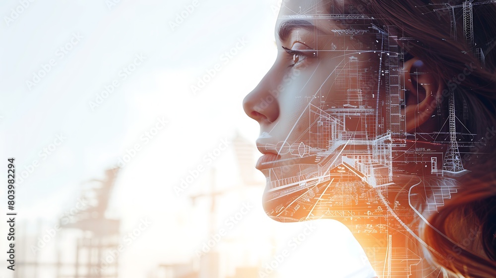 Side profile of a female construction engineer with a transparent ...