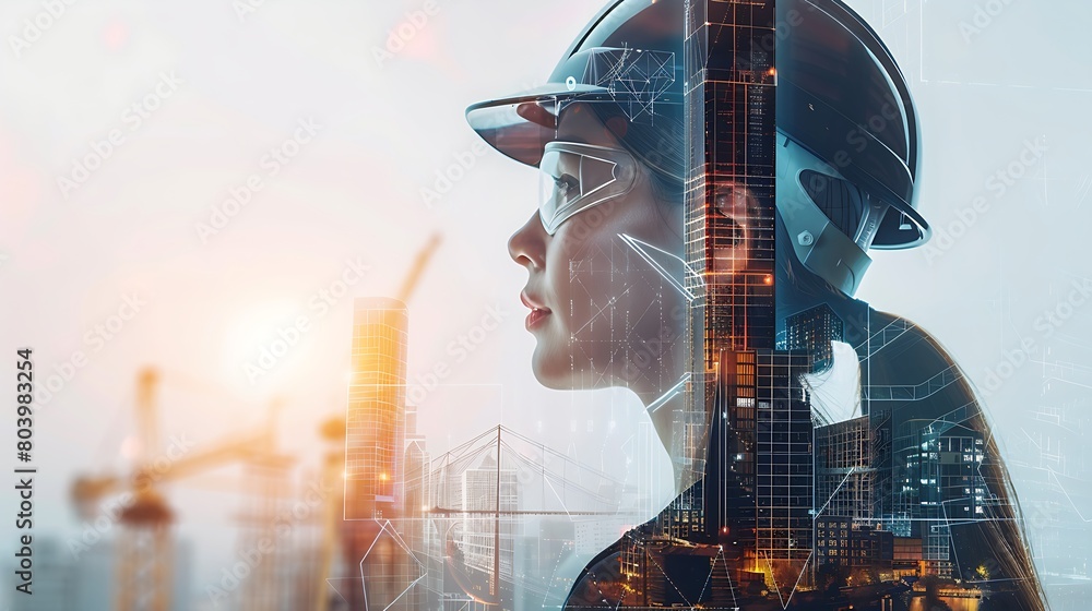 Side profile of a female construction engineer with a transparent ...