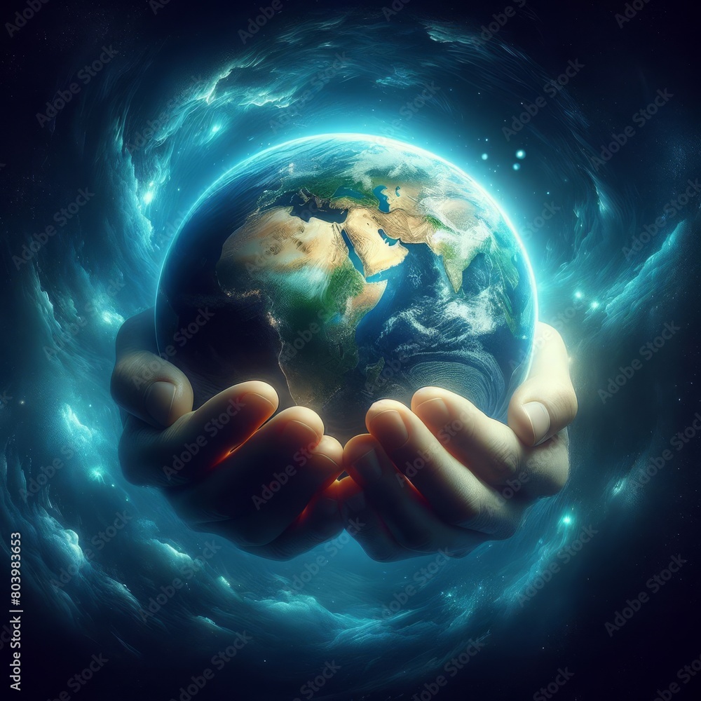 Earth Day, depicting a gentle hand cradling the planet Earth with care ...