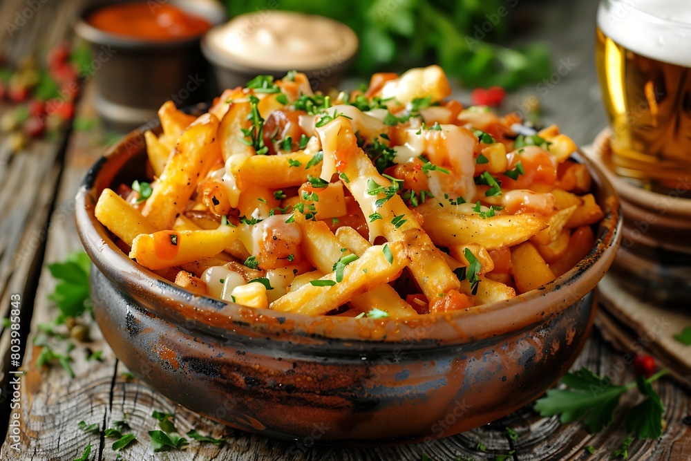gourmet loaded fries served in a stylish dish, bathed in warm, natural ...