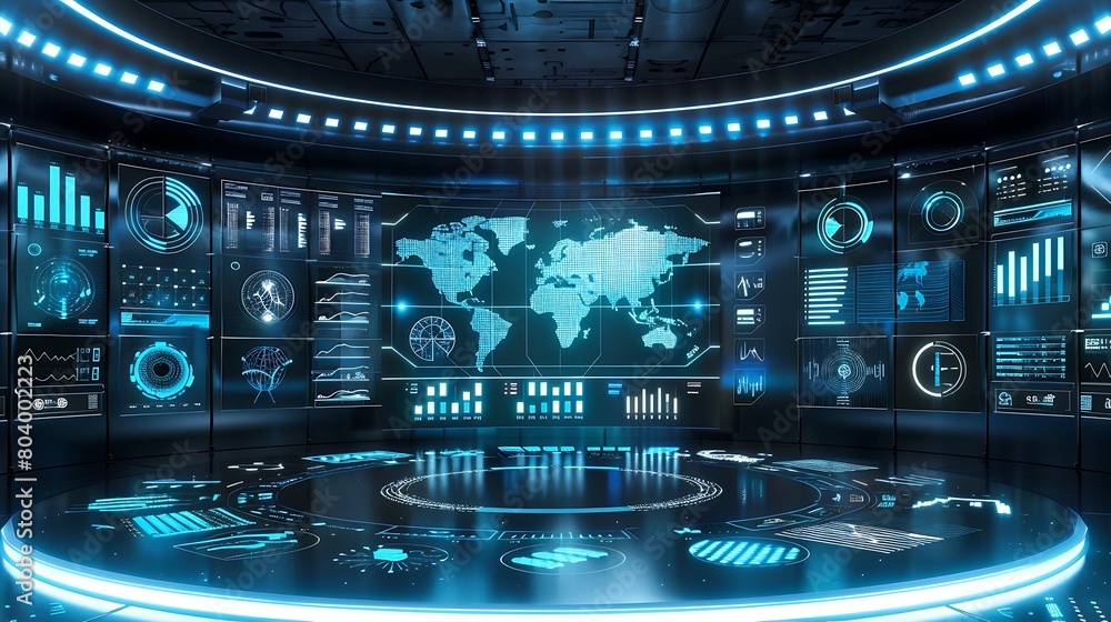 a high-tech control room with a futuristic dashboard display showing a ...