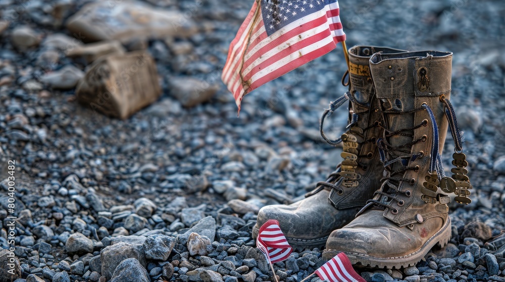 Memorial setup featuring old military boots with dog tags, surrounded ...