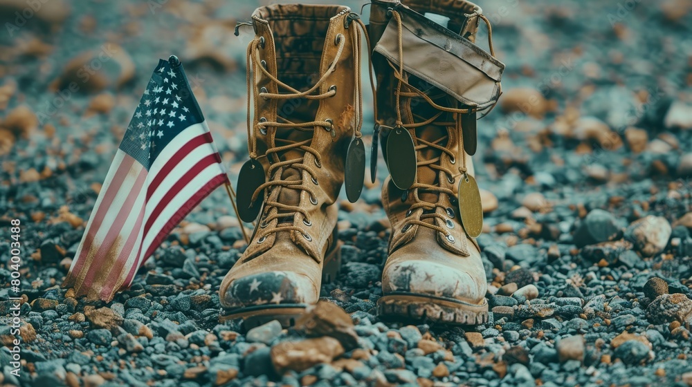 Memorial setup featuring old military boots with dog tags, surrounded ...