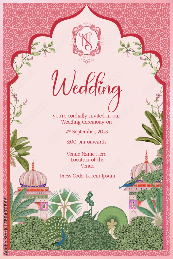 Traditional Indian Mughal Wedding Day Invitation Card Design with arch ...