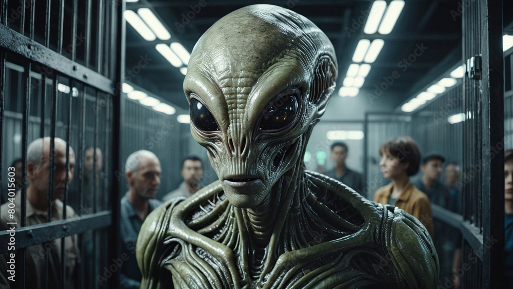 captured people behind scary olive green alien with big shiny eyes ...