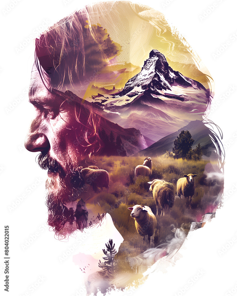 Double exposure image of Jesus Christ, the good shepherd and flock of ...