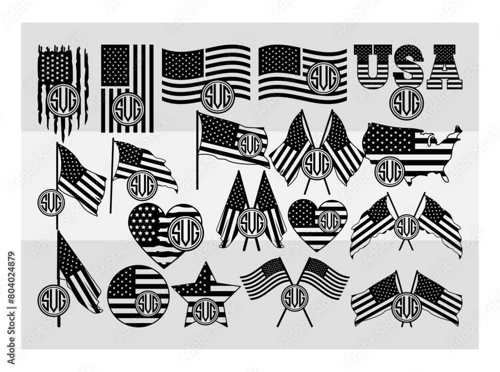 American Flag Circle Monogram Svg Silhouette Bundle American Flag Silhouette Usa Flag Svg Us
