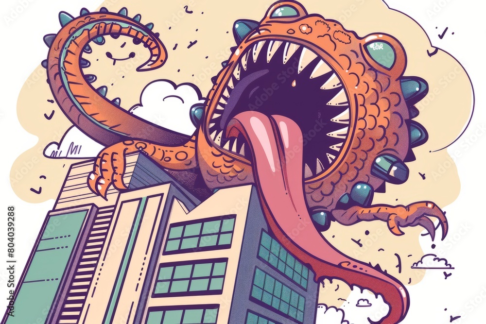 Cartoon cute doodles of a kaiju getting tangled in its own long tongue ...