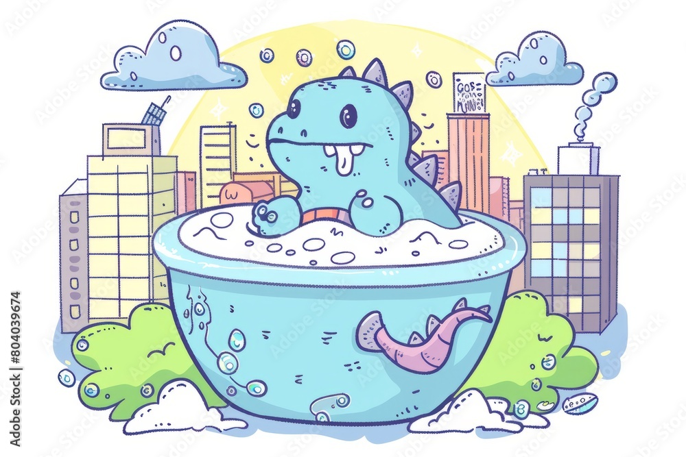Cartoon cute doodles of a kaiju having a spa day, soaking in a giant ...