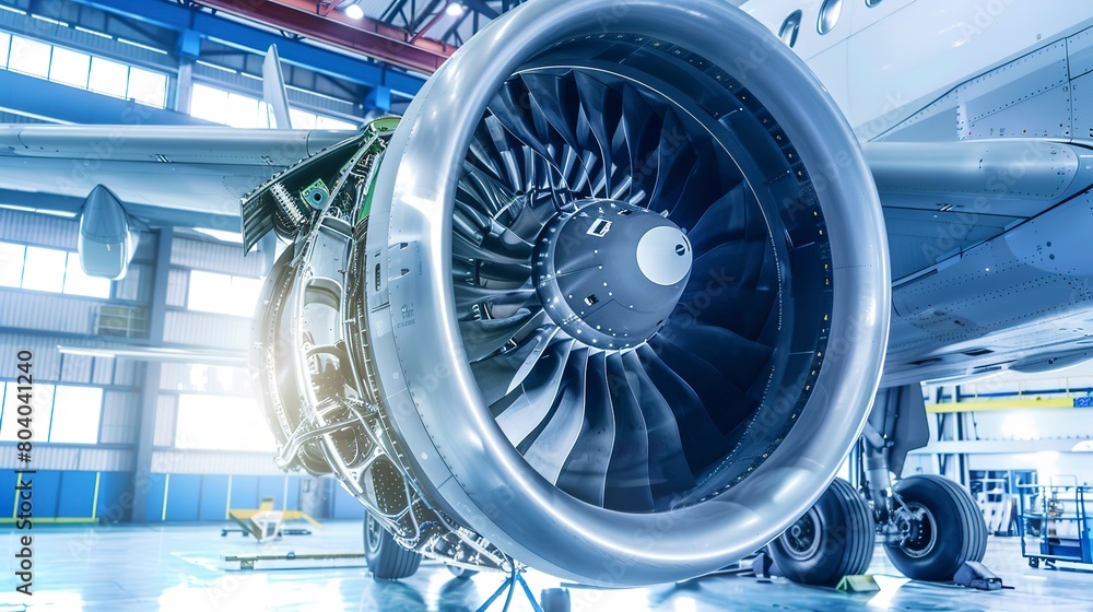 Intense close-up of an airplane's jet engine while being serviced ...