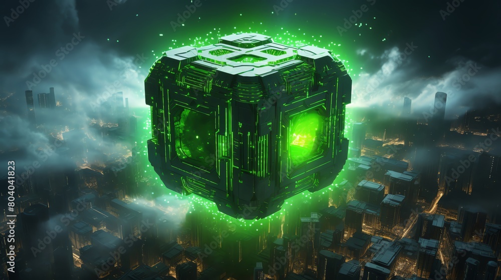 Contemporary styled image of a technologically advanced cube planet ...