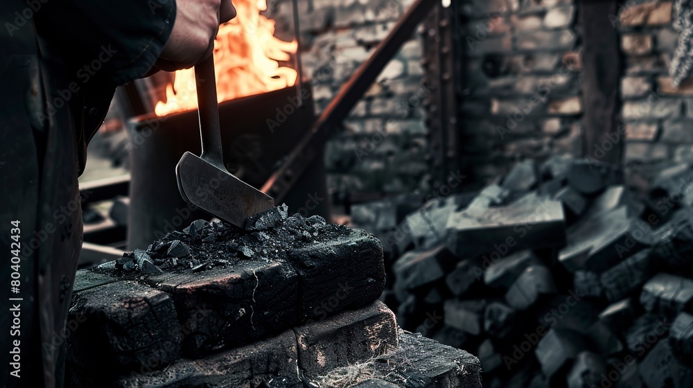 Macro view of a blacksmith fanning a coal forge, illustrating the ...