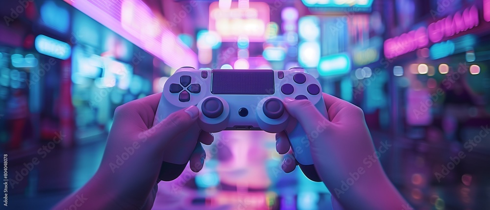 Hand holding game controller with digital screen showing gaming ...