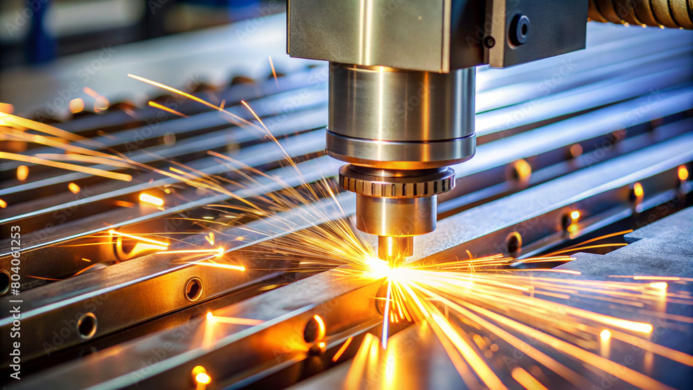 Precision laser cutting metal on a CNC machine, sparks flying in a ...