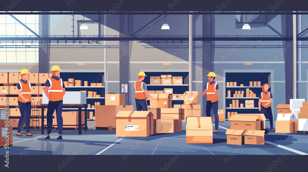 Busy rush workflow of hardware store employees. Group of workers ...