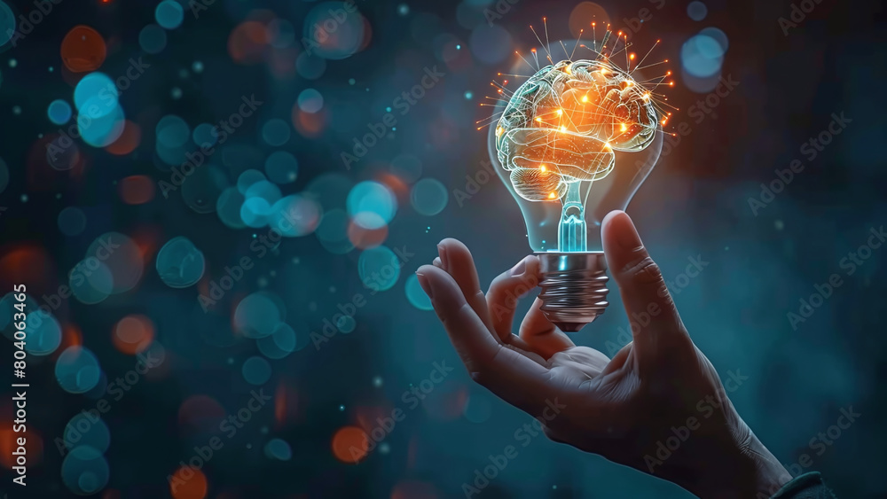 Innovation Concept: Human Hand Holding Digital Art of Brain-Light Bulb ...