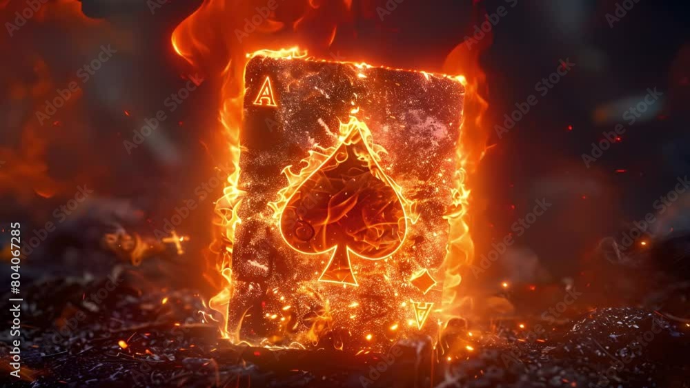 A photo of an ace of spades playing card on fire with a dark background ...