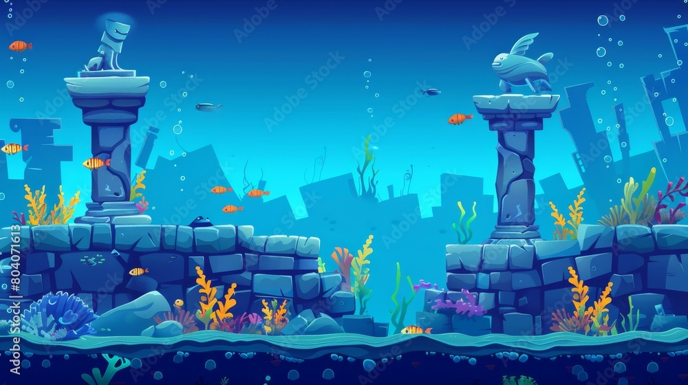 Underwater ocean level map ui cartoon modern background. Deep undersea ...
