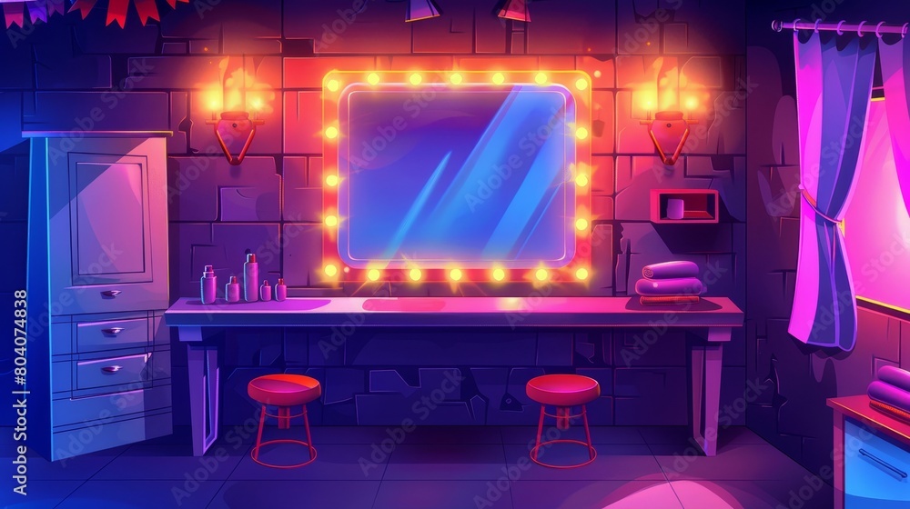 The backstage dressing and makeup room with mirror is the setting for a ...