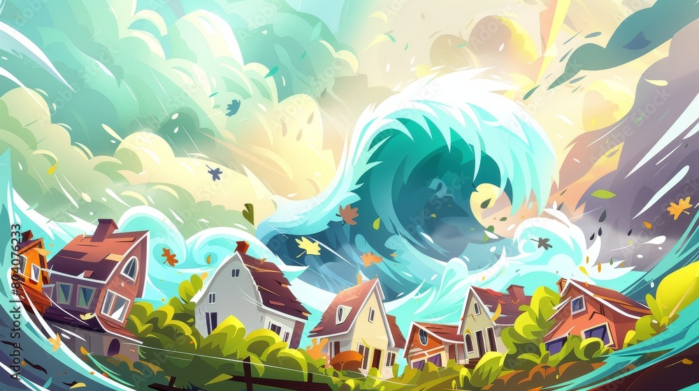 An illustration of a tsunami wave covering small town houses. Modern ...