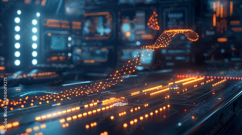 A graph curve made of thousands of glowing, digital nodes, each node a ...