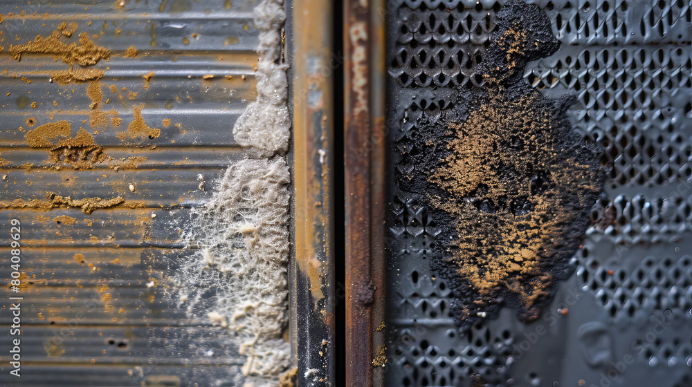Cleaning a greasy range hood filter from your kitchen. Dirty and clean ...