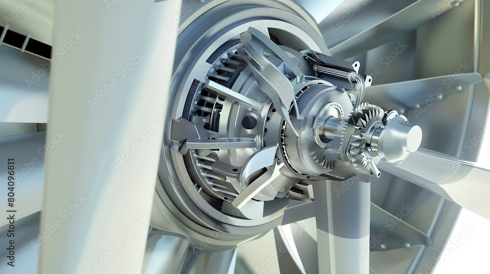 Macro view of an ultramodern wind turbine gearbox, focusing on the ...