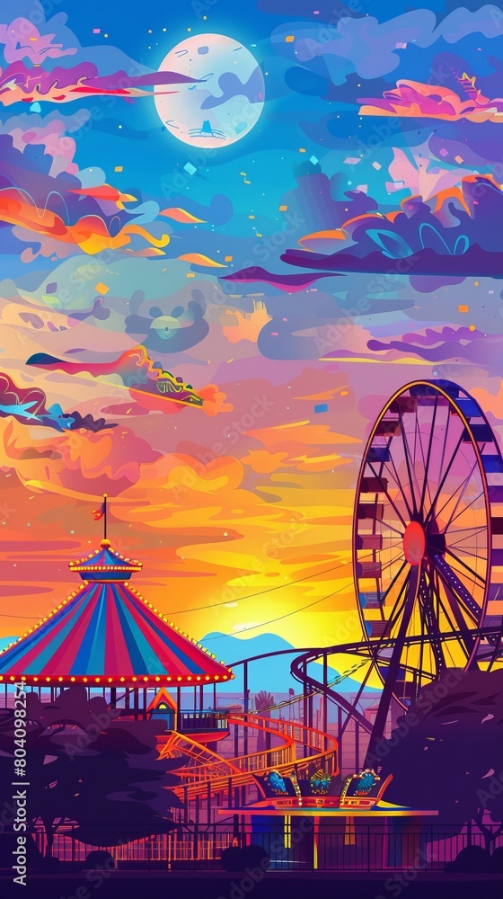 Vector background of amusement park. Poster design invitation of the ...