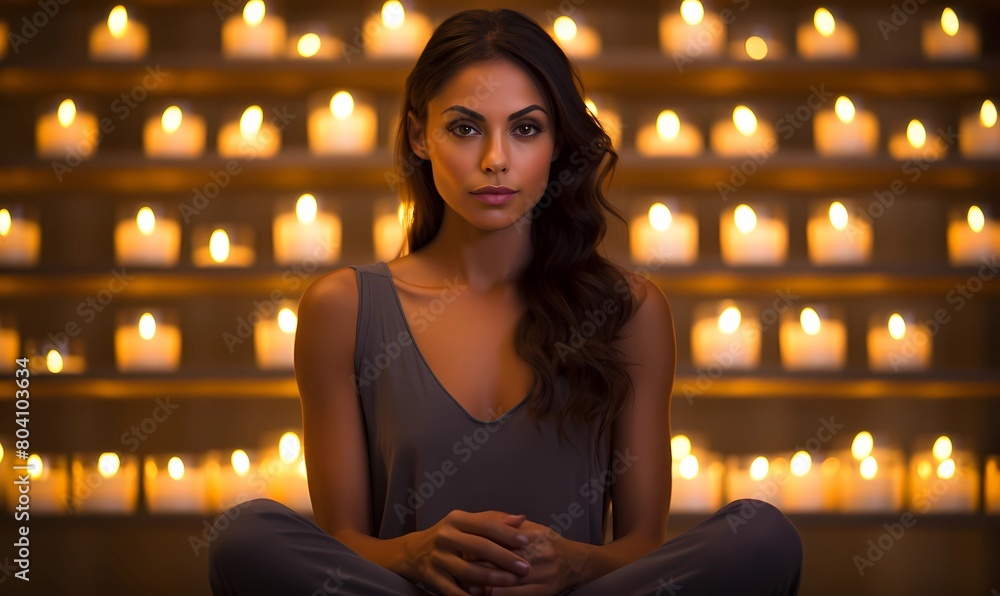 Serene young woman in meditation pose, surrounded by glowing candles ...