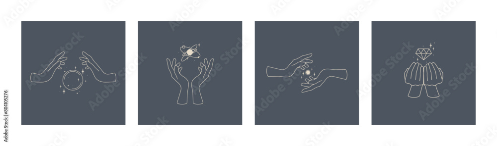 Vetor de Logo design with different hand gestures, magic elements ...