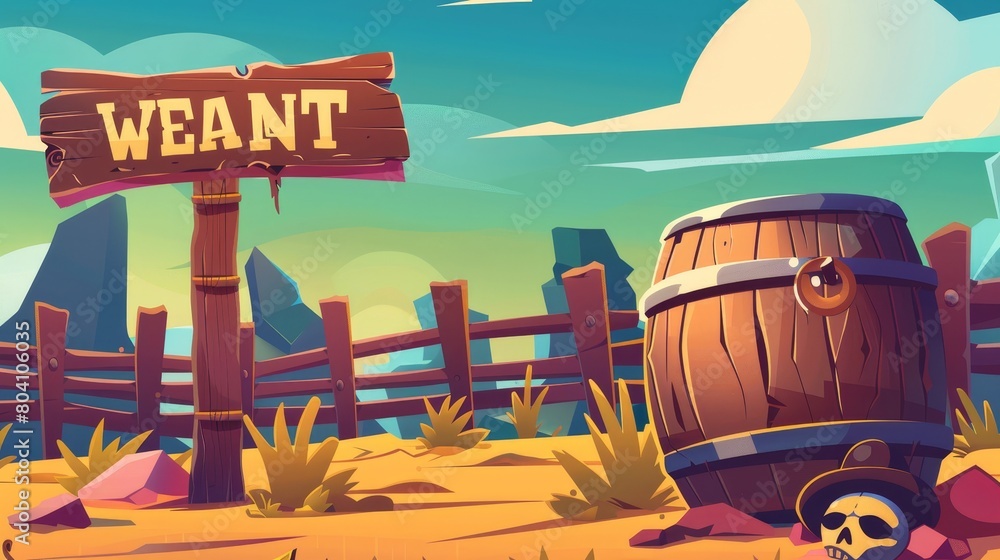 The scene is a cartoon western scene with a wanted sign and a barrel ...