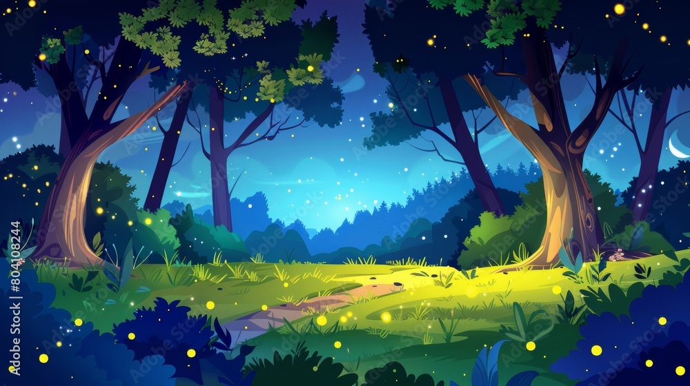Trees, bushes, and gold spots on grass at night in a magical forest ...