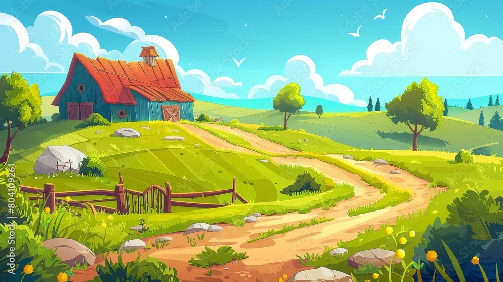 A summer rural landscape with a farm barn, green fields in agriculture ...