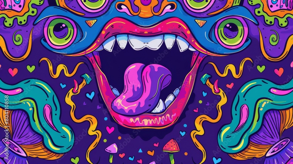 This is a modern cartoon horizontal contemporary hippie poster that has ...