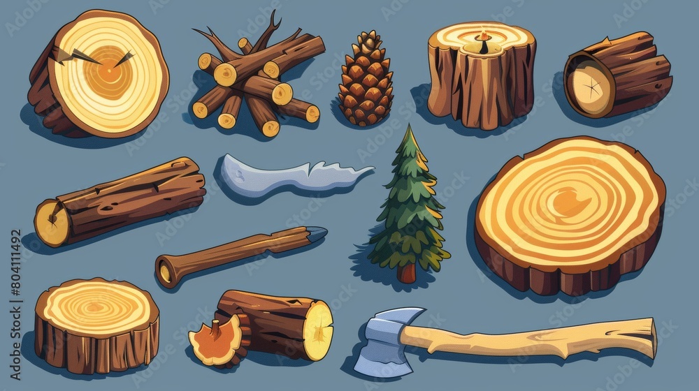 Wood, round slices, axe in stump, tree branch, cut trunk and pine cone ...