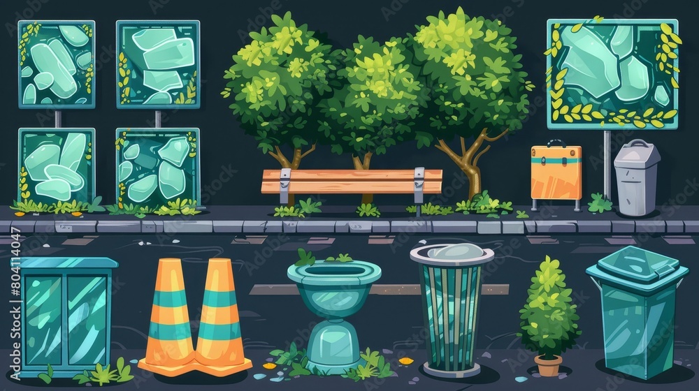 City elements. Bus stop, traffic lights, road sign, barrier, bushes ...