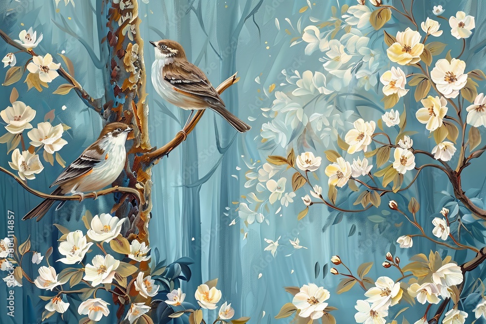 Printable Art: Vertical Oil Painting of Birds on Tree with White ...