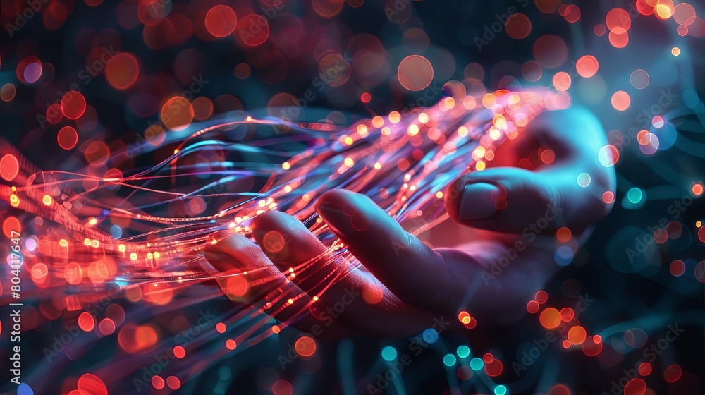 hands holding a bundle of fiber optic cables against a glowing grid ...
