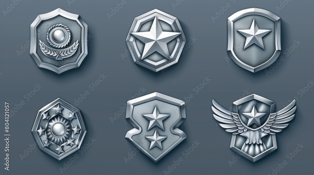 Isolated military game rank badges with stars, chevrons, wings ...