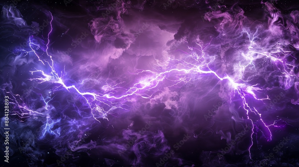 The background features a purple lightning effect and smoke. 3d ...