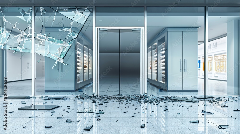 An entrance with broken glass that leads to a museum or store. A ...