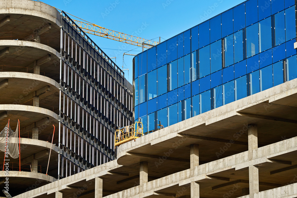 Suspended platform, installation of glass curtain wall. Structural ...