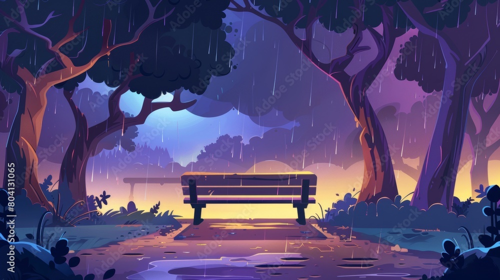 A cartoon background with storm wind in the park near a river. A forest ...