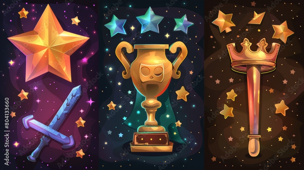 The cartoon modern set of bronze, silver and golden stars, sword, crown ...