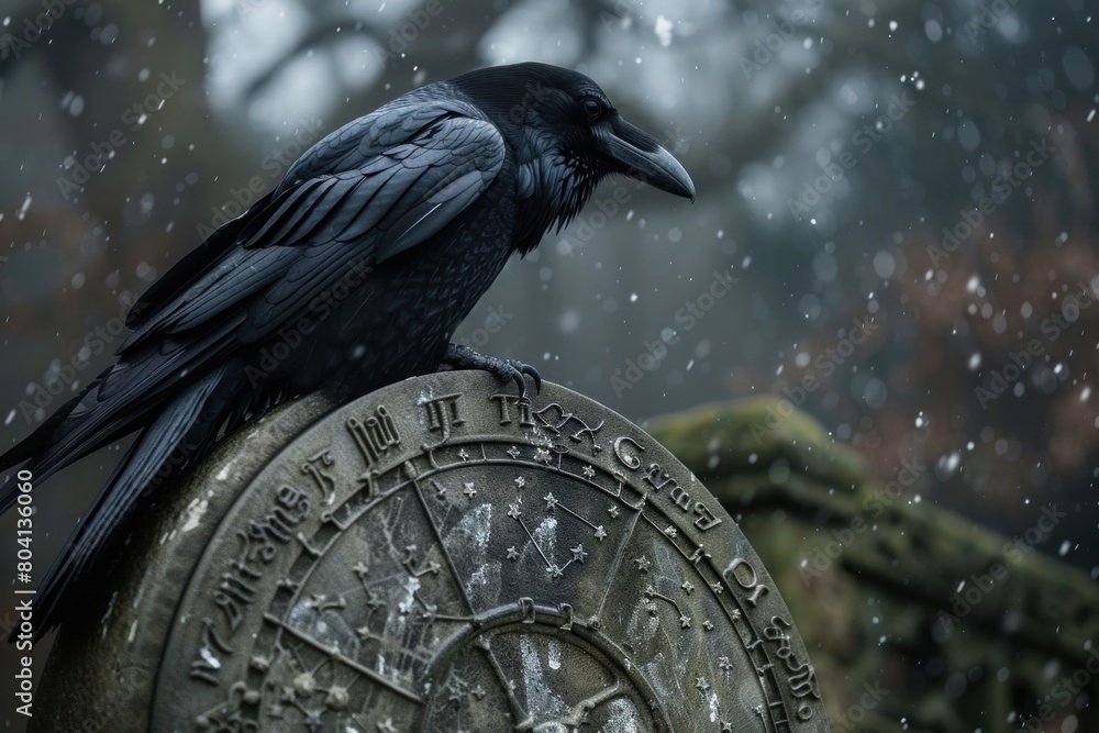 A solitary raven perches upon a weathered stone tablet, etched with the ...